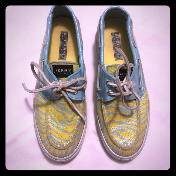 Sperry | Shoes | Sperry Top Sider Aqua Blue Yellow Sequins Zebra | Poshmark